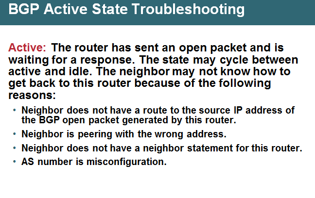 active는 TCP세션을 맺고, open패킷의 확인을 기다리는 중이다. BGP config 확인 해 줘야 된다.