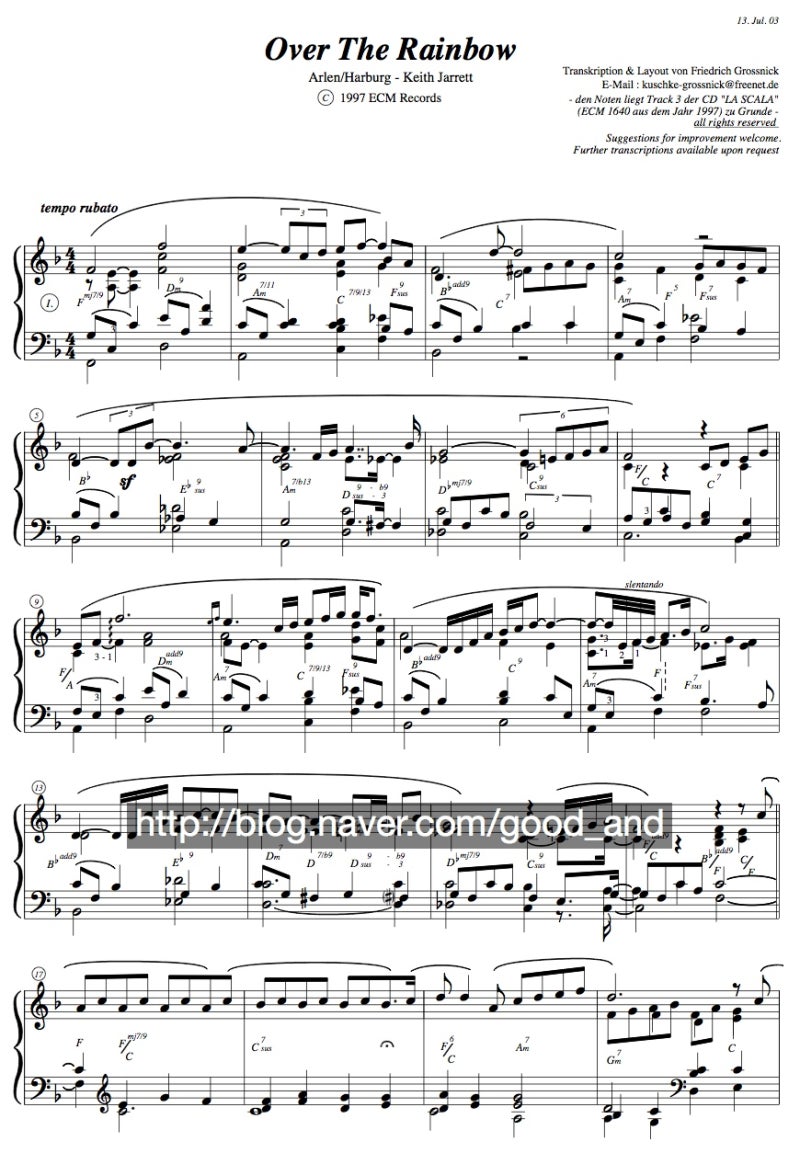 over the rainbow - Keith Jarrett 악보/ 오버더 레인보우 재즈피아노 악보 : 네이버 블로그