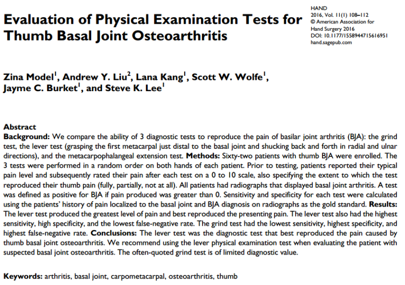 엄지 손가락 관절염의 검사에는 grind test보다 lever test가 더 좋습니다. : 네이버 블로그