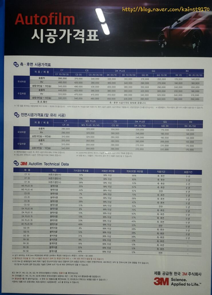 3M DK가격 궁금하시죠!!2017년최신 가격표 알려드립니다.(관악구 낙성대 3M 썬팅 공식대리점) : 네이버 블로그