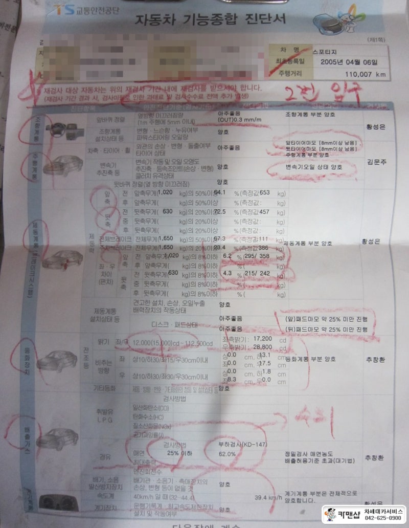 스포티지 매연 농도 배출허용기준 초과로 자동차 검사 불합격자동차 기능종합 진단서 불합격 종합검사 불합격 2차불합격 자동차