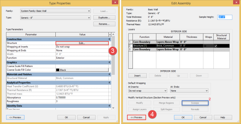 레빗(revit) - 벽 유형(types)에 스윕(Wall Sweeps) 지정하기 : 네이버 블로그