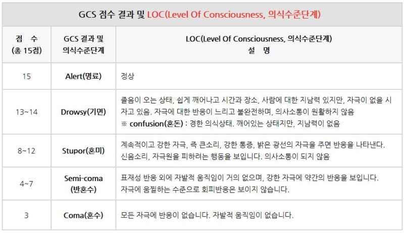 GCS(Glasgow Coma Scale, 글라스고우 혼수척도) 의식수준 사정법 : 네이버 블로그