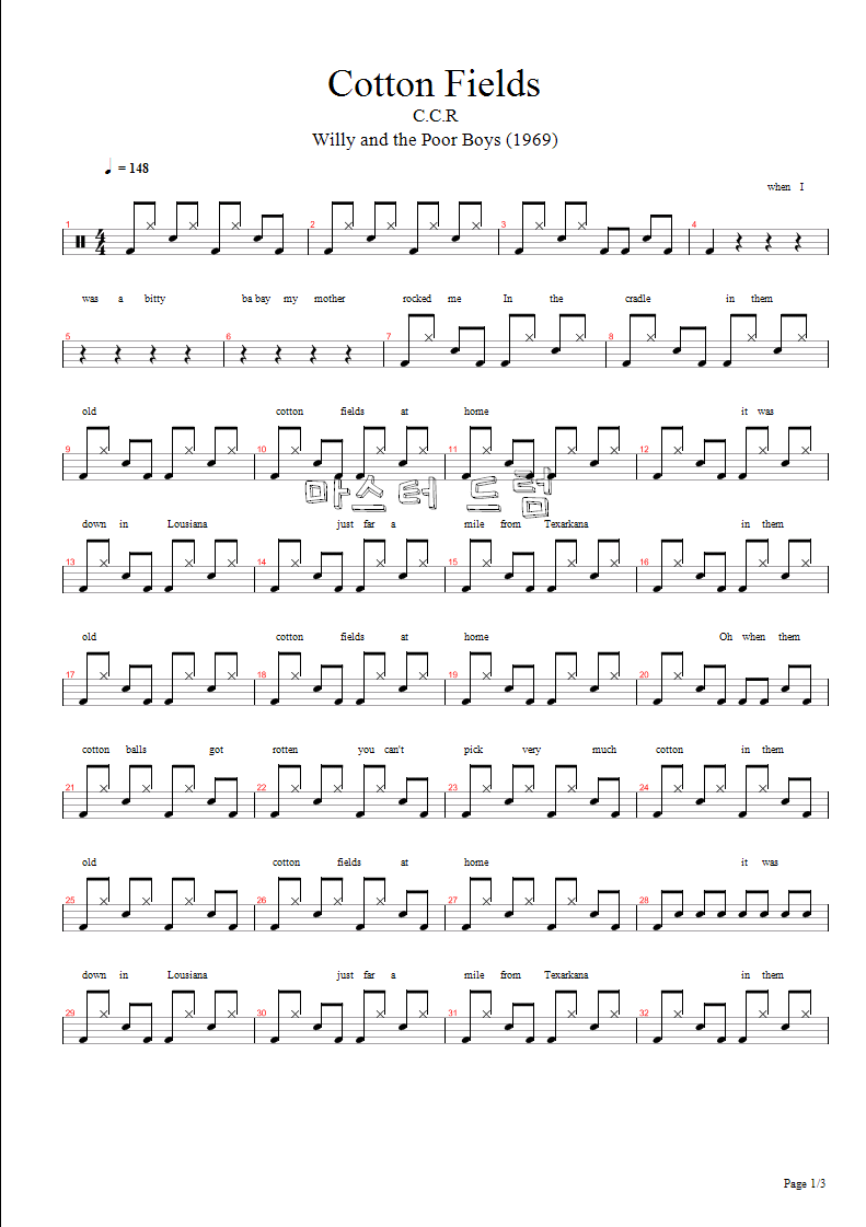 [젬베 악보] C.C.R- Cotton Fields [부산 젬베 학원, 서면 젬베학원] : 네이버 블로그