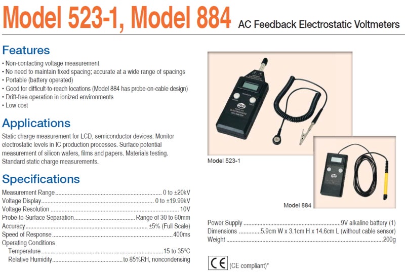 정전기(ESD)측정기, Electrostatic Voltmeter, Model 523-1, Model 884, 0~±20KV ...