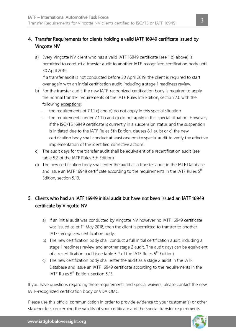 IATF Transfer Requirements for clients certified to ISO/TS 16949 or ...