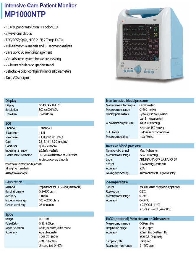 [ 판매완료 : 미사용제품 ] 10.4" 환자감시모니터 (MP-1000NT Plus) / EKG, SpO2, NIBP , 2 ...