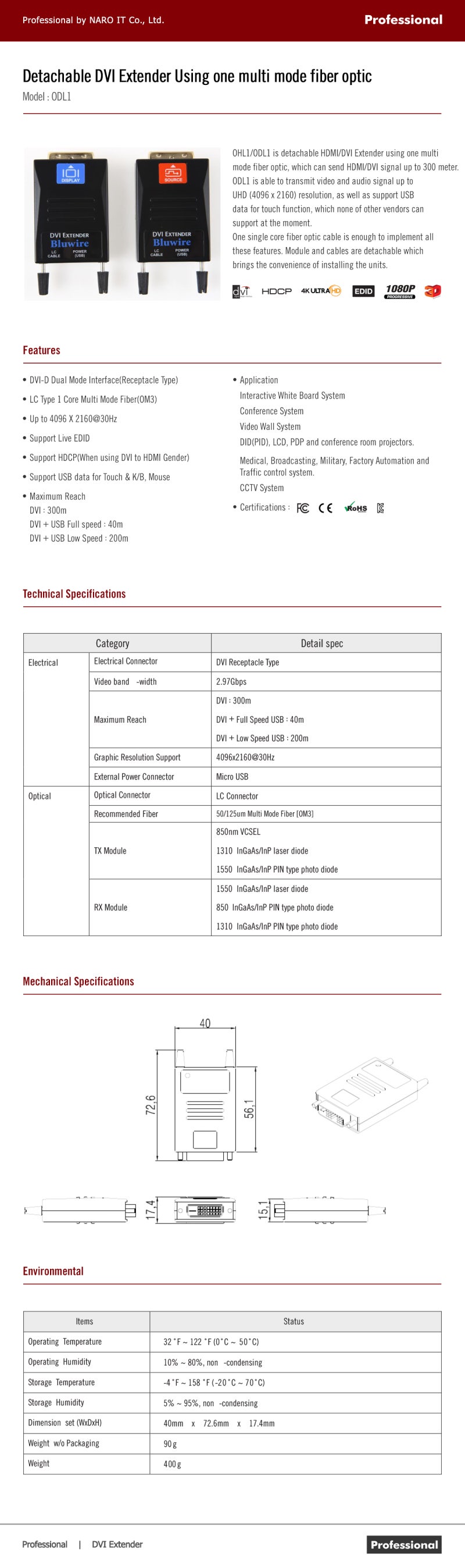 [CABLE&SYSTEM]프로페셔널(Professional) DVI-D 듀얼링크 광 전송기(EXTENDER) 300미터 전송 1 ...