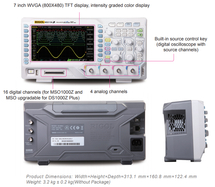 최대 100MHz, 4채널, 7인치 화면, 12Mpts Digital Oscilloscope 리골(RIGOL) 디지털 ...