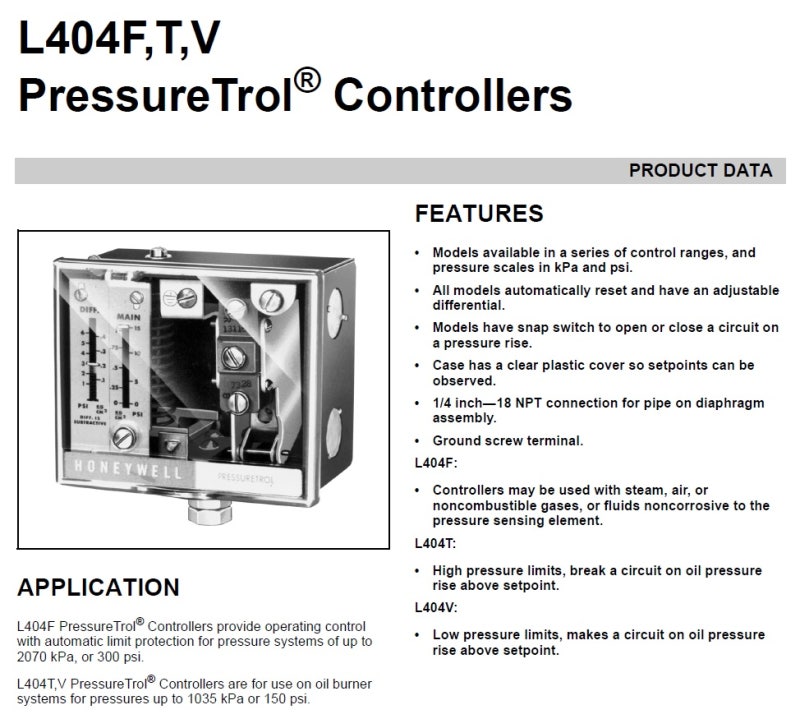 [HONEYWELL] 하니웰 압력 컨트롤러 (압력스위치), Pressure Controller_L404F/T/V ...