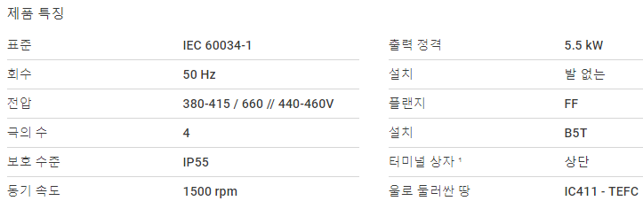 WEG 웨그모터 - W22 IE3 5.5 kW 4P 132S 3Ph 380-415 / 660 // 440-460 V 50 Hz ...