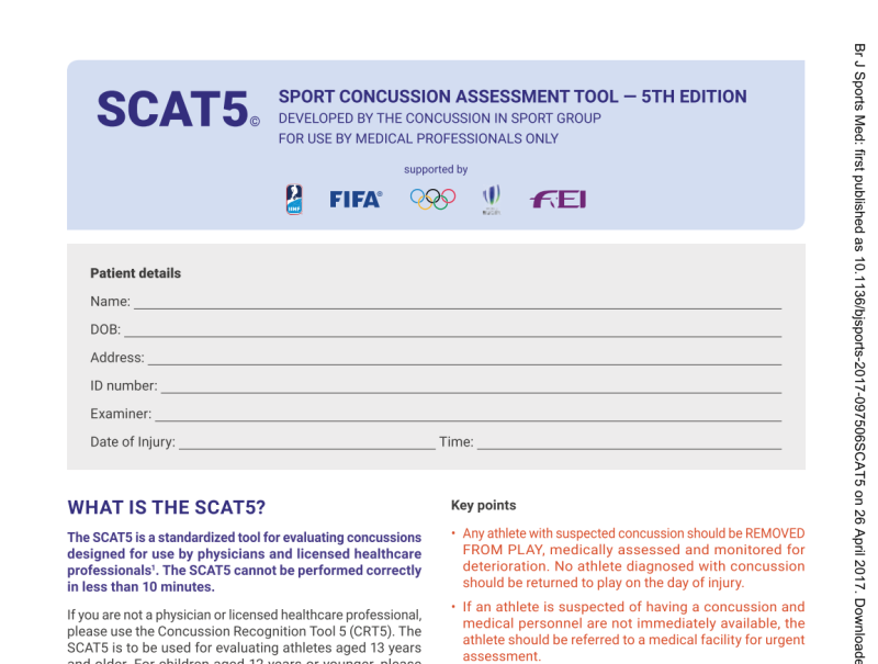 스포츠뇌진탕( SRC : Sports Related Concussion ) 및 On Field Assessment (SCAT5 ...