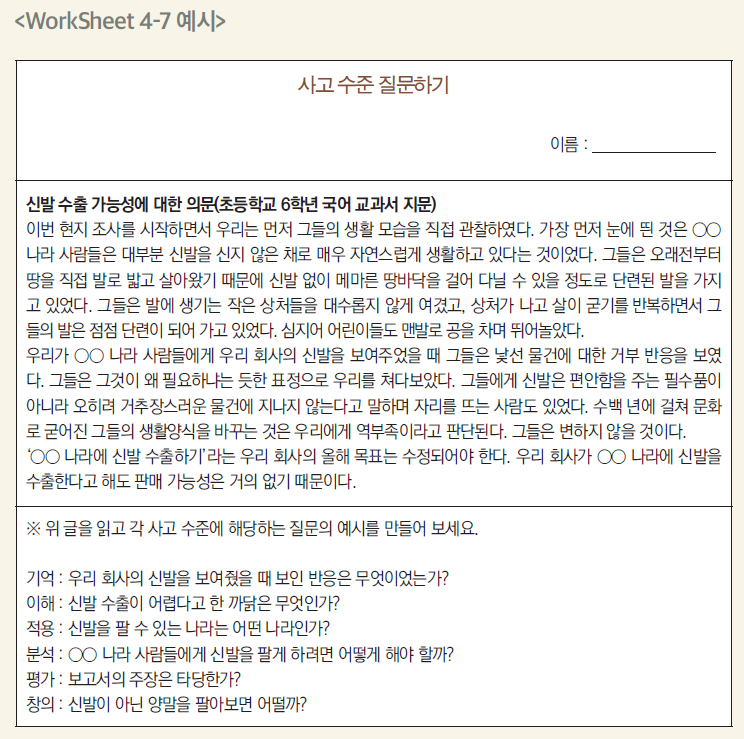 학습자중심수업 워크시트 26 사고 수준 질문하기 전략 네이버 블로그