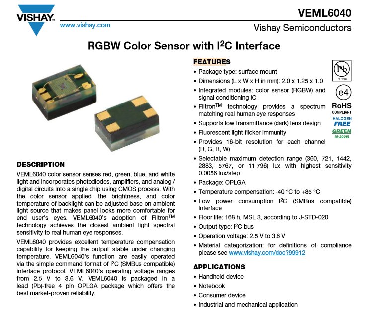 [마우저 신제품 소식] Vishay Semiconductors VEML6040 RGBW 색 센서 : 네이버 블로그