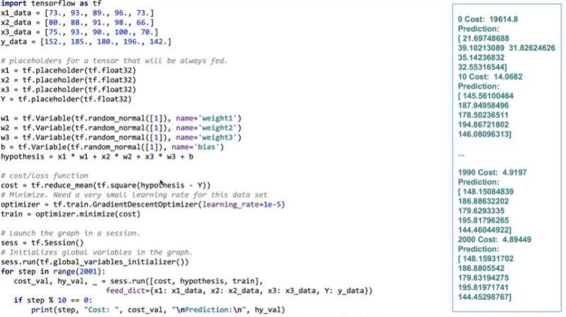 [딥러닝] Lab 04-1, multi-variable linear regression을 TensorFlow에서 구현하기 ...
