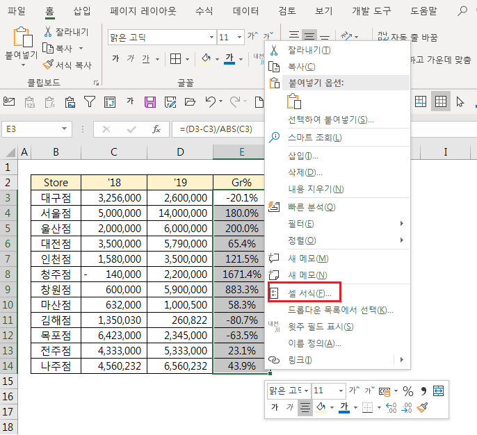 7 엑셀 성장률 구하기분모가 음수일 경우 포함 음수값 빨간색 표시하기 네이버 블로그