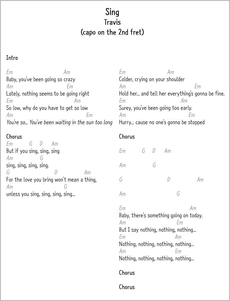 Sing - Travis(트래비스), , 2001 - 기타 코드 악보, 가사(guitar chords, lyrics) : 네이버 블로그