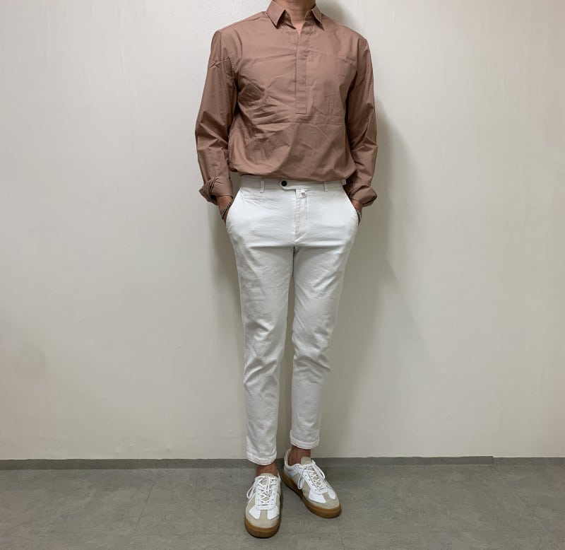 남자 핑크셔츠 코디 화이트팬츠 독일군 스니커즈[유뱅의 데일리룩 블로그] 네이버 블로그