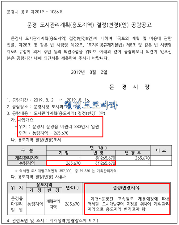 중부내륙철도 문경역문경역세권 도시개발구역 농림지역에서 계획관리지역으로 변경 네이버 블로그