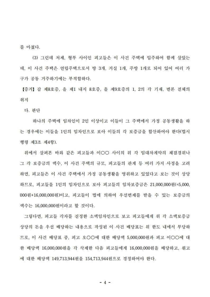 인천민사변호사 가족들이 하나의 주택을 방별로 나누어 각자 따로 임대차계약을 체결한 경우 주택임대차보호법에 의하여 우선변제