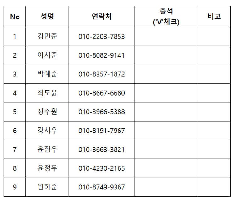 엑셀 초간단 팁 엑셀 이름 전화번호 가리기 출석표 네이버 블로그