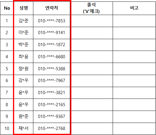 엑셀 초간단 팁 엑셀 이름 전화번호 가리기 출석표 네이버 블로그
