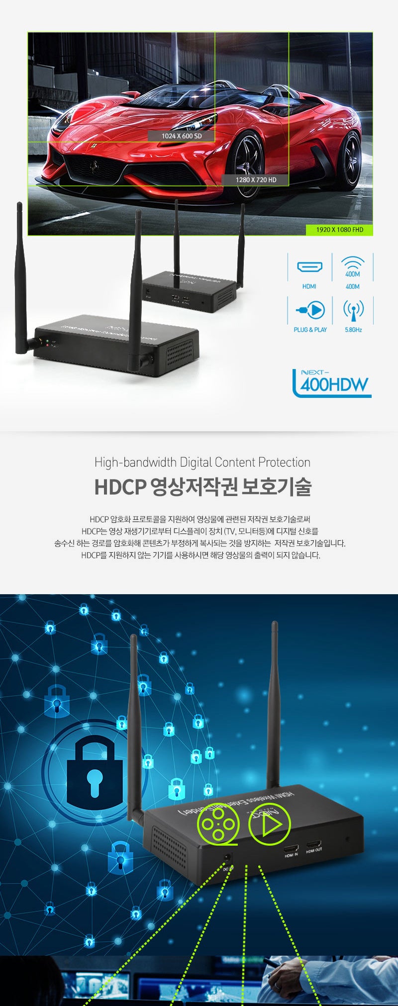 대전광테크/ NEXT-400HDW 400M Wireless HDMI EXTENDER(TX/RX) / 영상,음성신호 최대 400M ...