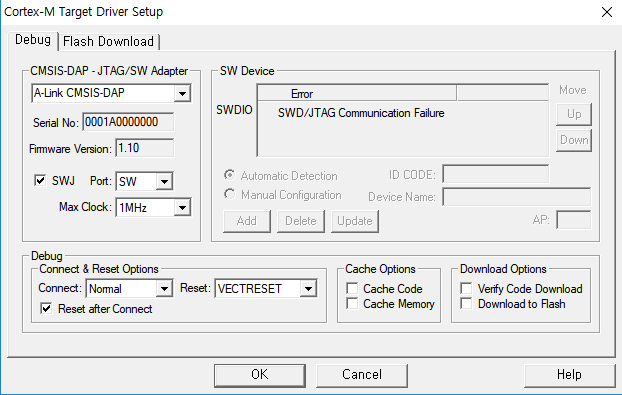 Keil compiler 디버그 옵션 - SWJ(Serial Wire Jtag) 설정, SWD/JTAG Communication ...