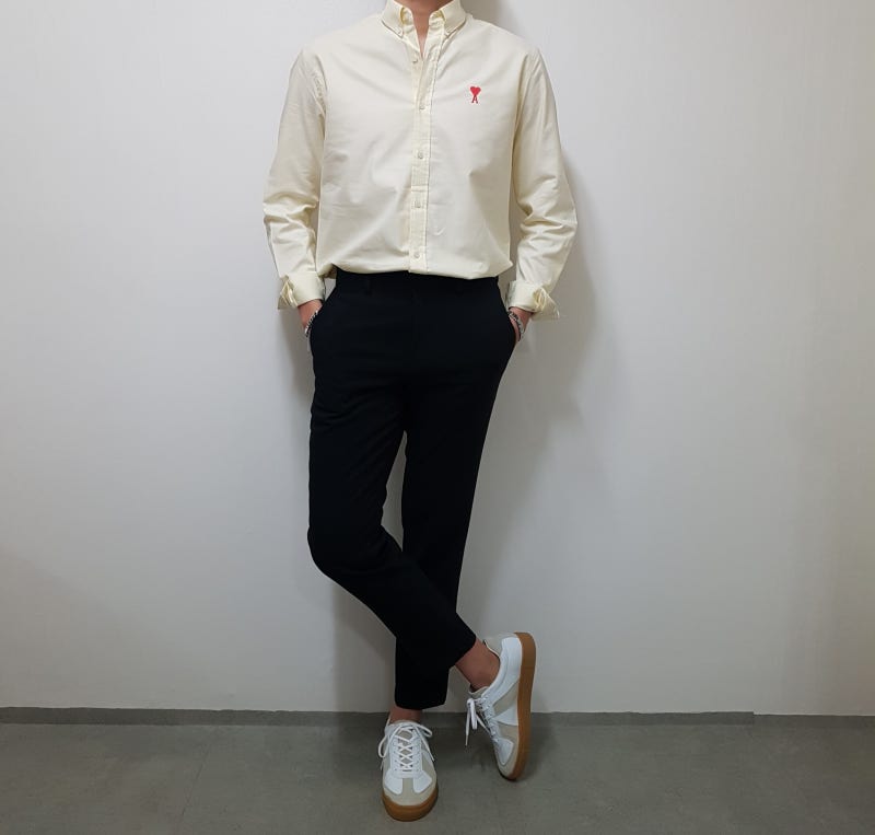 옥스퍼드 노란셔츠+남자 밴딩바지 코디+운동화[유뱅의 데일리룩 블로그] : 네이버 블로그