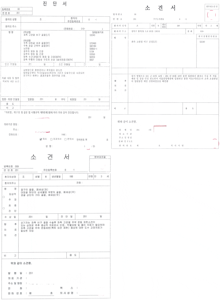 성공사례교통사고로 인한 좌측 고관절 비구 골절 우측 대퇴골 내과 골절 우측 경골 근위부 골절 뇌진탕 경추의 염좌 및