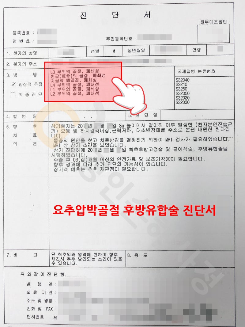 요추1번압박골절 척추유합술 장해등급 후유장해 보상 실제 사례 네이버 블로그