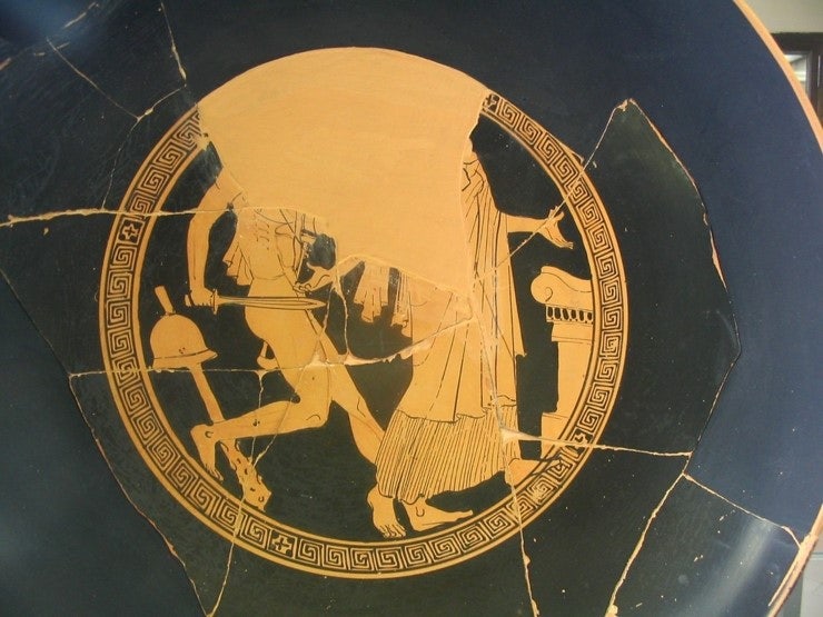 테세우스와 아이트라(Theseus and Aithra)가 그려진 아테네식 붉은 인물 문양의 킬릭스 : 네이버 블로그
