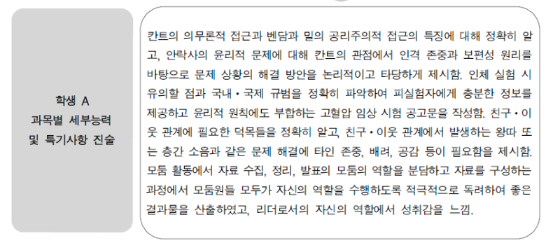 학교생활기록부 세부능력 특기사항 과목별 예시 도덕 네이버 블로그