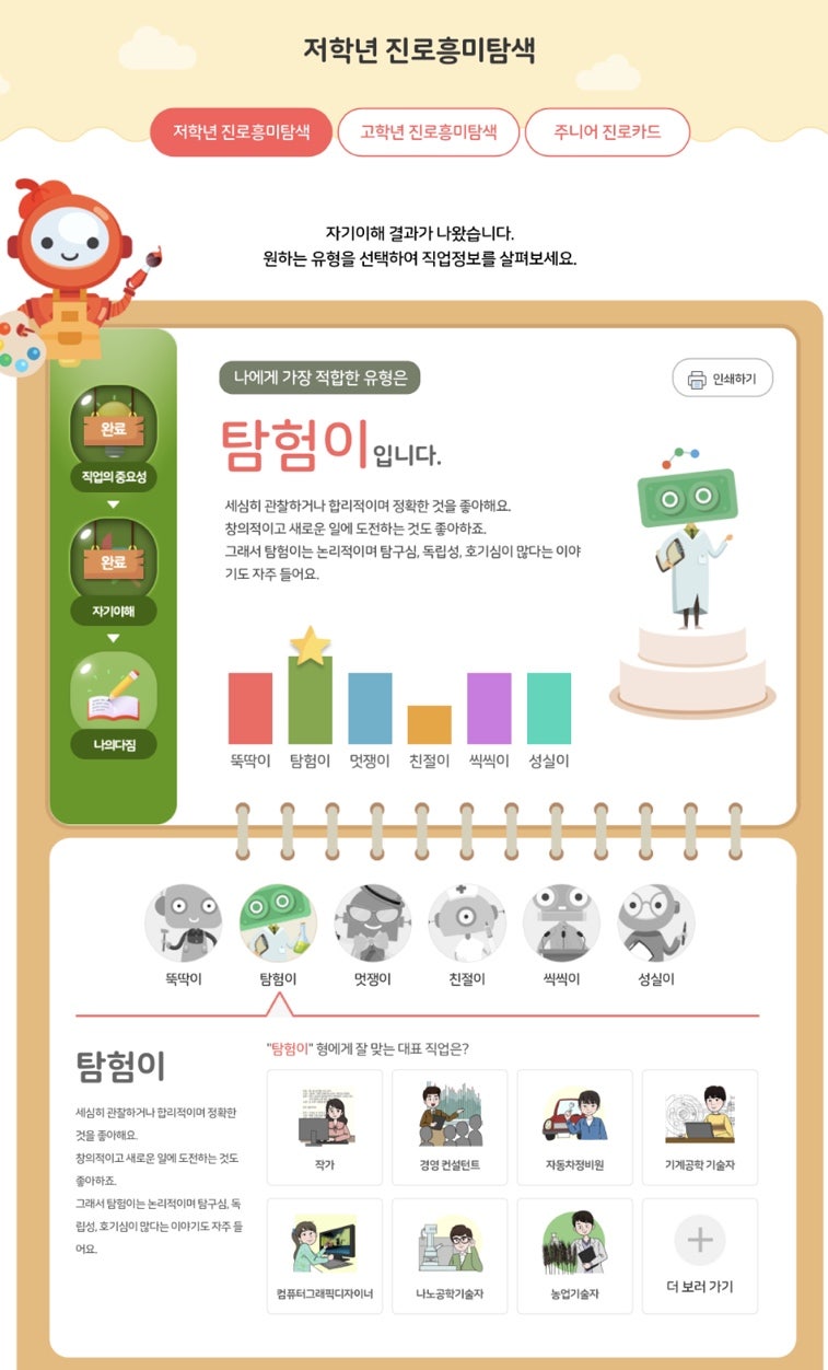 주니어 커리어넷 초등학생 진로적성검사 프로그램 잠깐 쉬는타임 네이버 블로그
