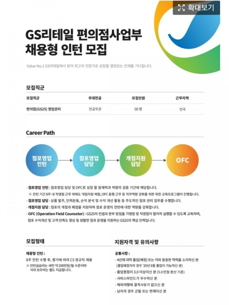 플랜b 좋은직업 떠먹여드려요 Gs리테일 편의점사업부 채용형 인턴 채용~6월1일8주인턴십공백없애기전공무관월2008주