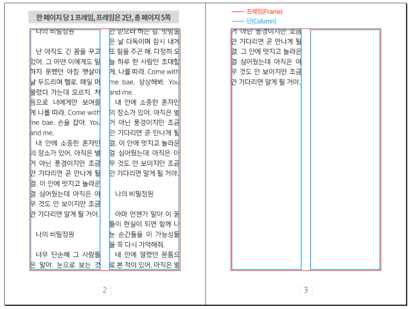 인디자인 Indesign 텍스트 단 나누기 프레임 나누기 페이지 나누기 강제 이동 강제 줄바꿈 다음
