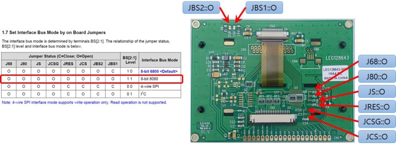 LEG128643-W36 :: 6800/8080 Parallel , SPI , I2C 설정 [Jumper / Pin Map ...