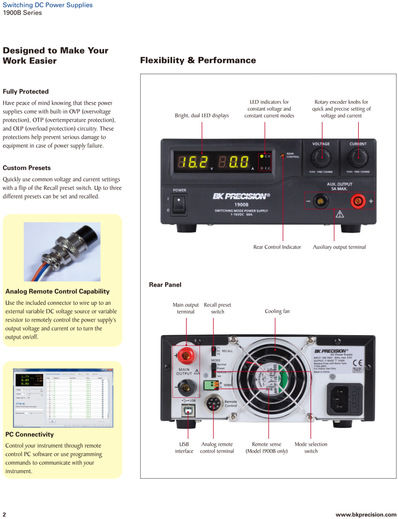BK Precision 1900B 1-16V, 60A Switching DC Power Supply, 110V AC ...