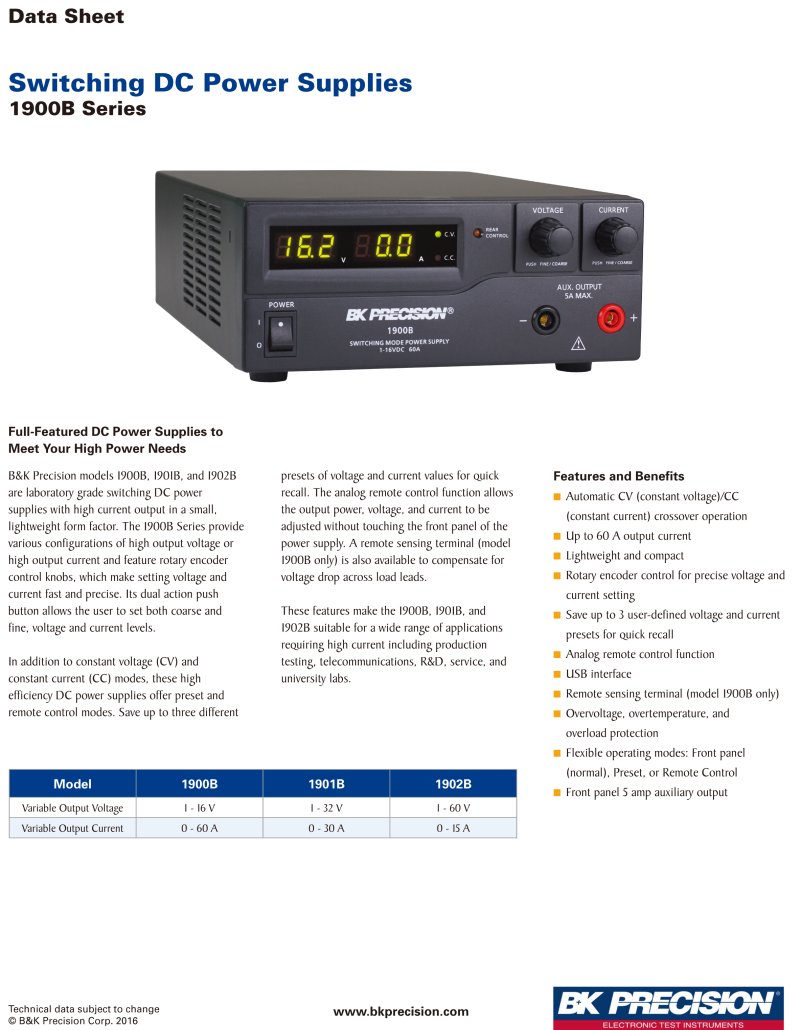 BK Precision 1900B 1-16V, 60A Switching DC Power Supply, 110V AC ...