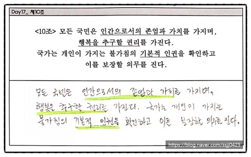 헌법필사 헌법 제 10조 인권보장 역사 1세대평등권 자유권 참정권 2세대사회권 3세대연대권 인권