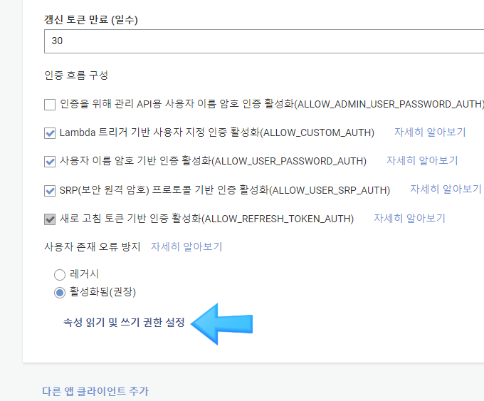 AWS Cognito Exception - A client attempted to write unauthorized attribute - 앱에서 사용자 속성 변경 시 ...