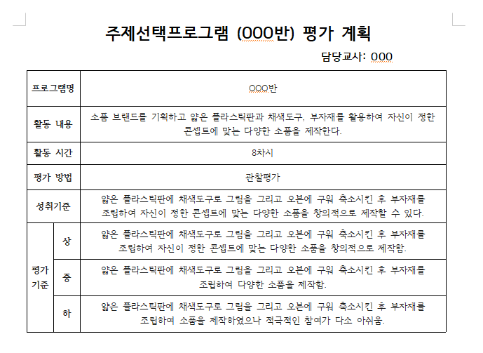 자유학년제주제선택예체선택동아리 슈링클스 아트 활용 8차시 수업계획서 및 평가계획 네이버 블로그
