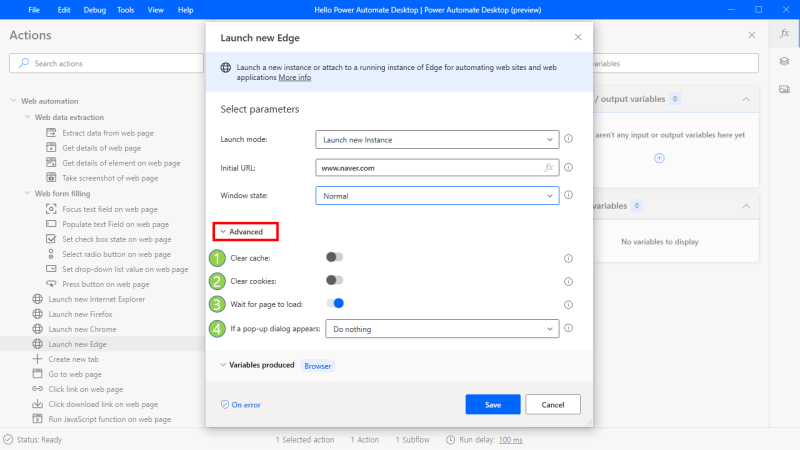 MS RPA 파워 오토메이트 데스크탑 Actions - 12.14 Web automation > Launch new Edge ...
