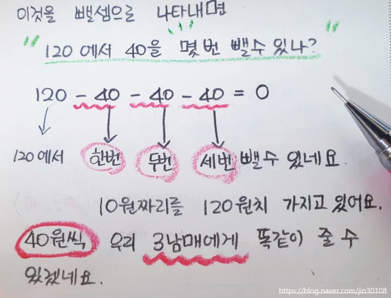 4학년 나눗셈 세자리수 ÷ 몇십 ① 나머지가 없는 네이버 블로그