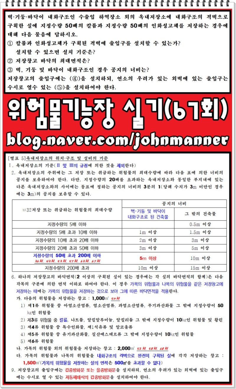 위험물기능장 68회 실기복원11옥내저장소 바닥면적 2000㎡에 저장하는 제3류위험물 쓰기 네이버 블로그