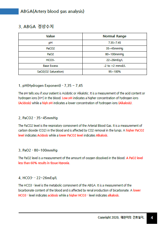ABGA, abga, 동맥혈가스분석 목적, 해석, 검사방법 PDF : 네이버 블로그