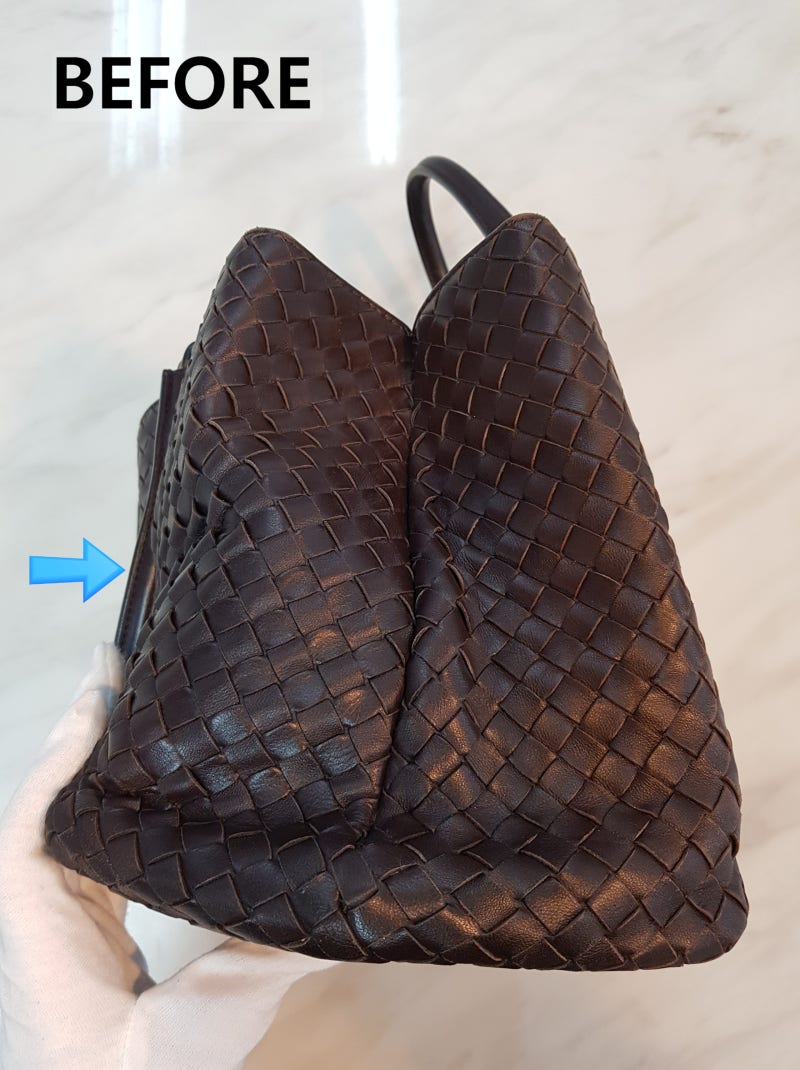 잠실 명품수선 전문점 엠픽스 Bottega Veneta 보테가베네타 쇼퍼백을 스트랩 클러치로 리폼 물먹는 하마로 손상된