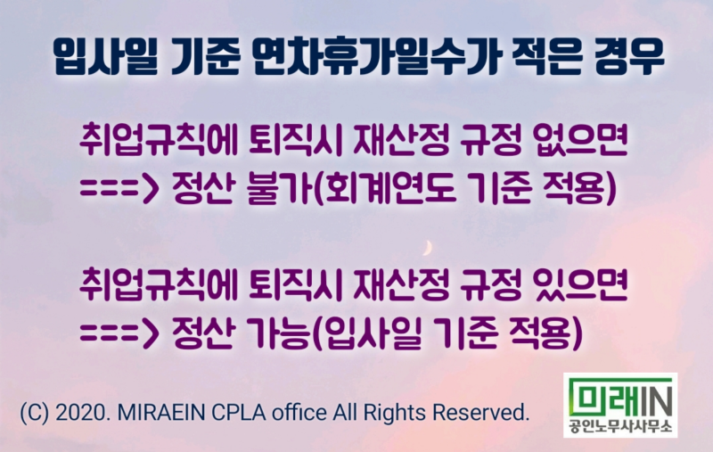 퇴사 시점에서의 입사일 기준 연차휴가일수와 회계연도 기준 연차휴가일수 정산 회계연도 기준 연차휴가일수가 더 많은 경우 정산