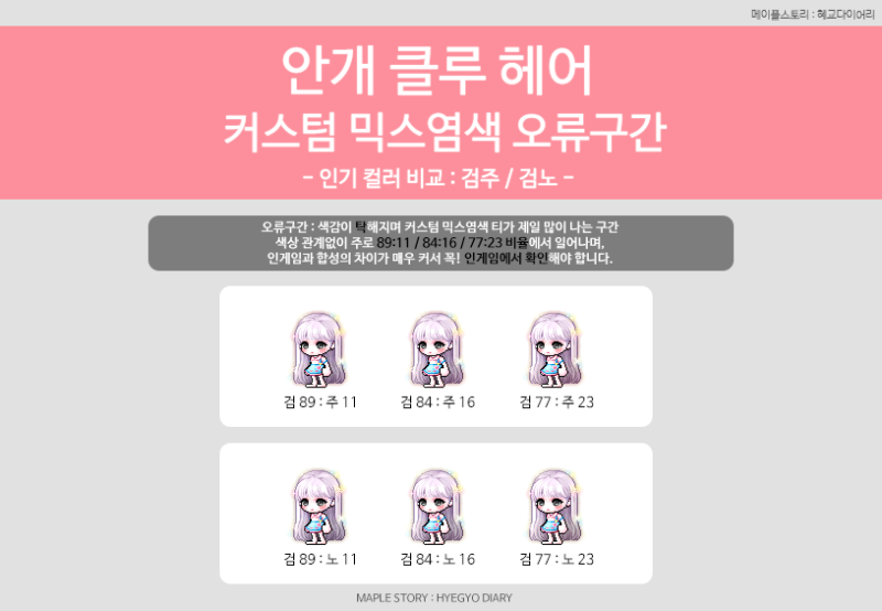 Kms 캐시 메이플스토리 안개 클루 헤어 커스텀 믹스염색커스텀 믹염커믹 전체 색상표 및 오류구간 And 추천 네이버 블로그