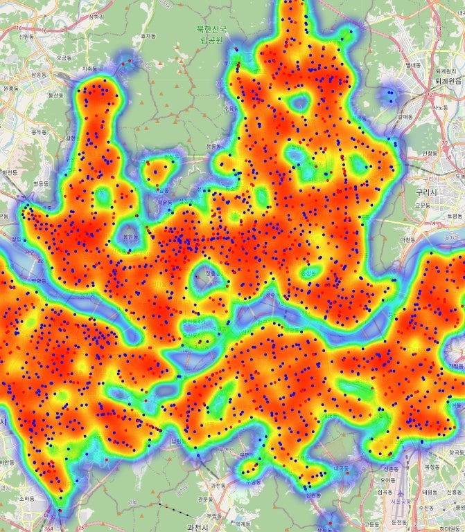 파이썬 지도 시각화 패키지-folium 응용사례(2)-Plugins 기능 중, 지역내 대여소 갯수 표시 ...